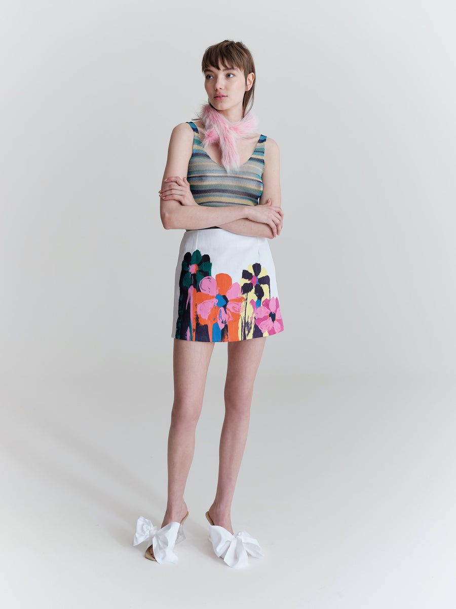 Mini skirt, pink/orange handprinted flowers – Tereza Rosalie Kladosova